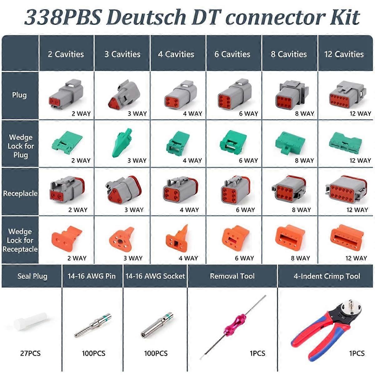338Pcs Dt Deutsch Connector Kit - 2 3 4 6 8 12 Pin Connectors, Crimping Tool, Removal Tool, Car ...