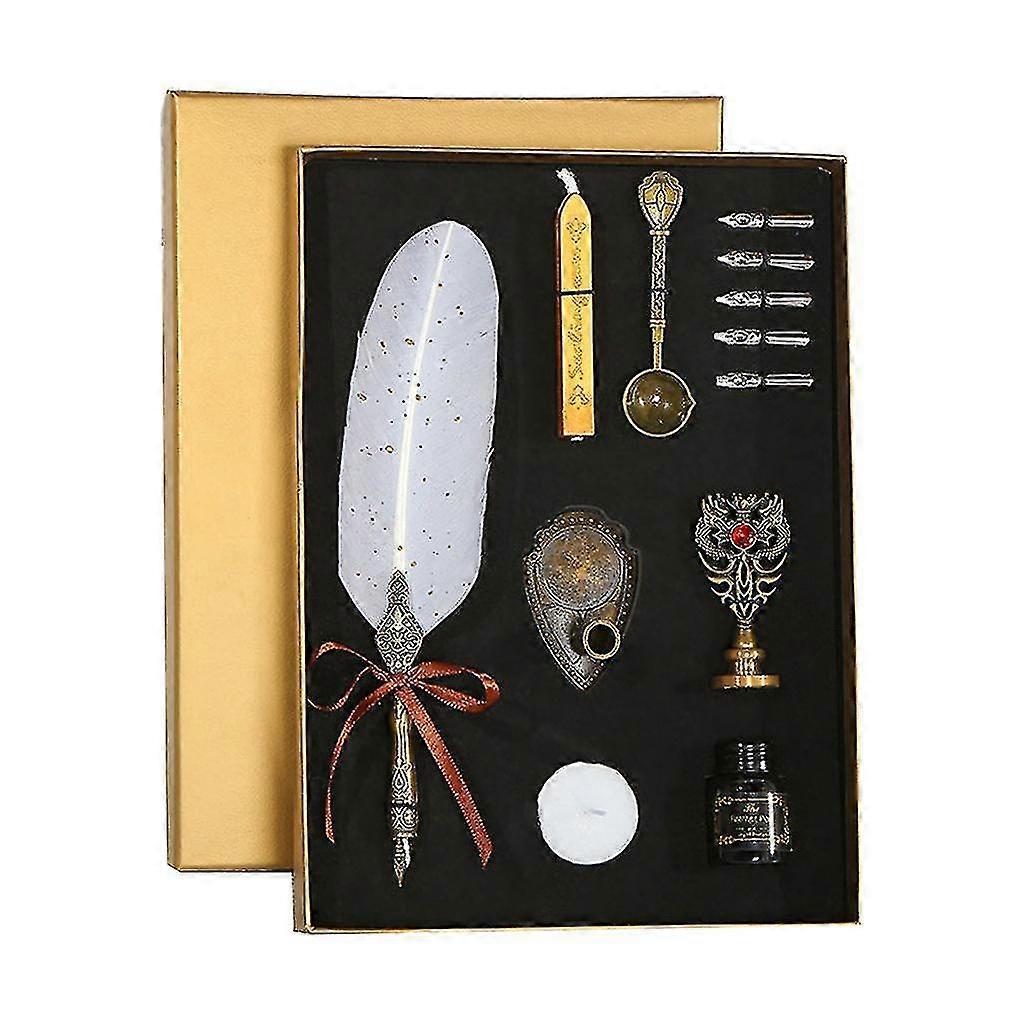 Vintage Retro Feather Pen Set Sprinkle Gold Luxury Quill Dip ...