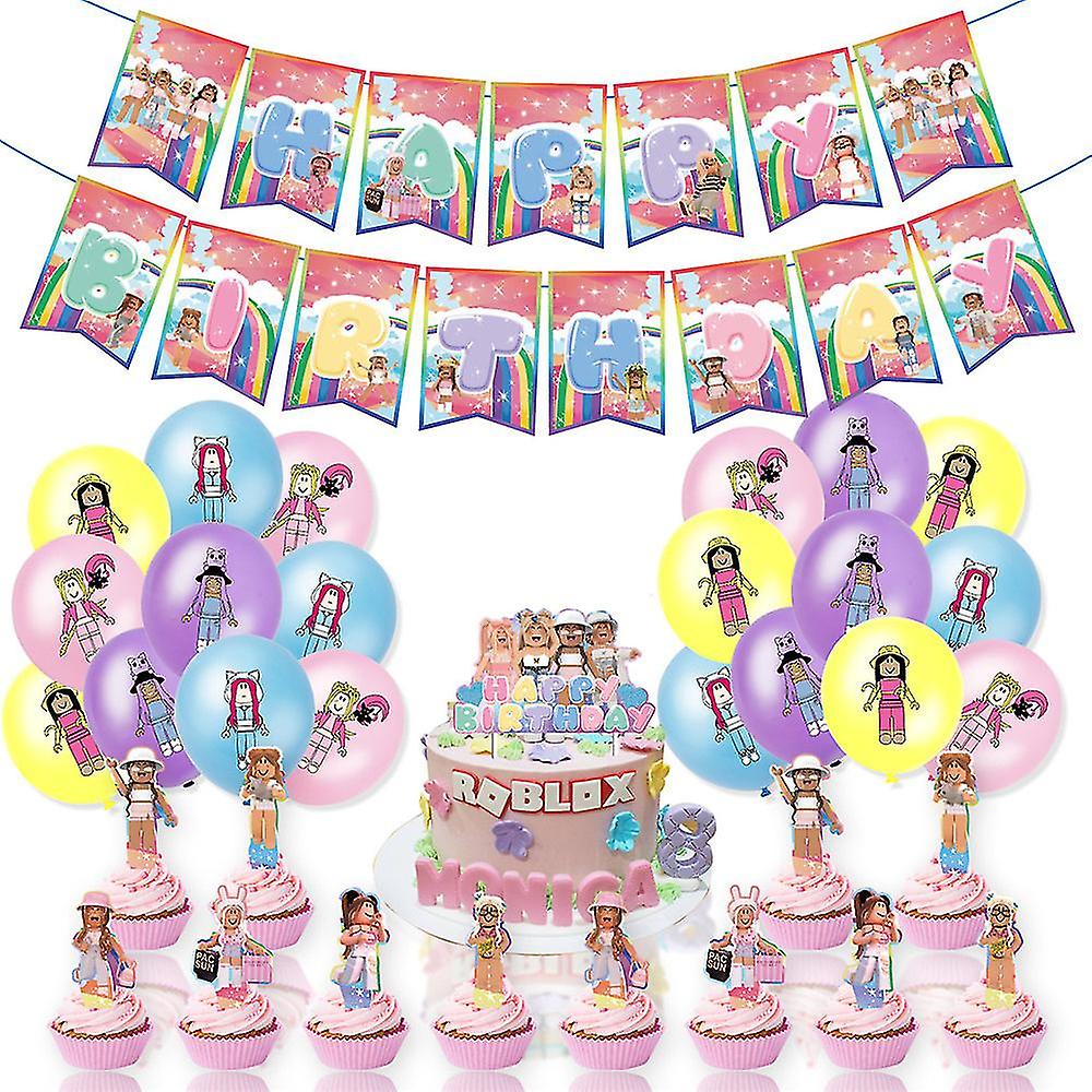 Pink Roblox Theme Balloons Banner Cake Topper Set Kids Girl Birthday ...