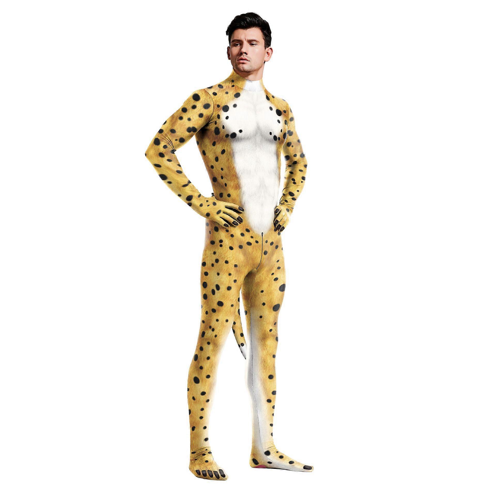 Mens Animal Cosplay Costume Leopard 3D Printed Jumpsuit Halloween Fancy ...