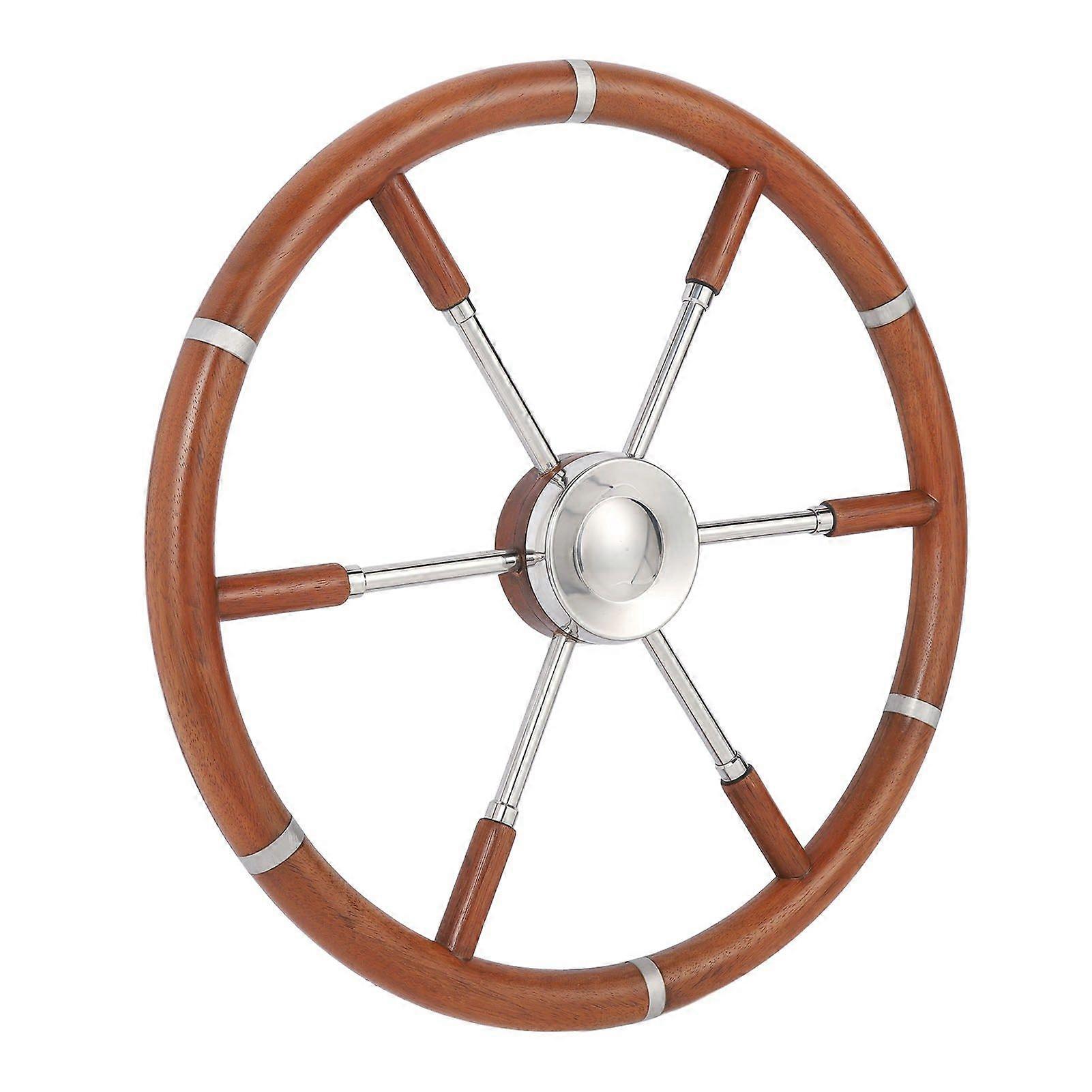 Teak Wood Handle Boat Steering Wheel 6 Spoke 304 Stainless Steel Center ...