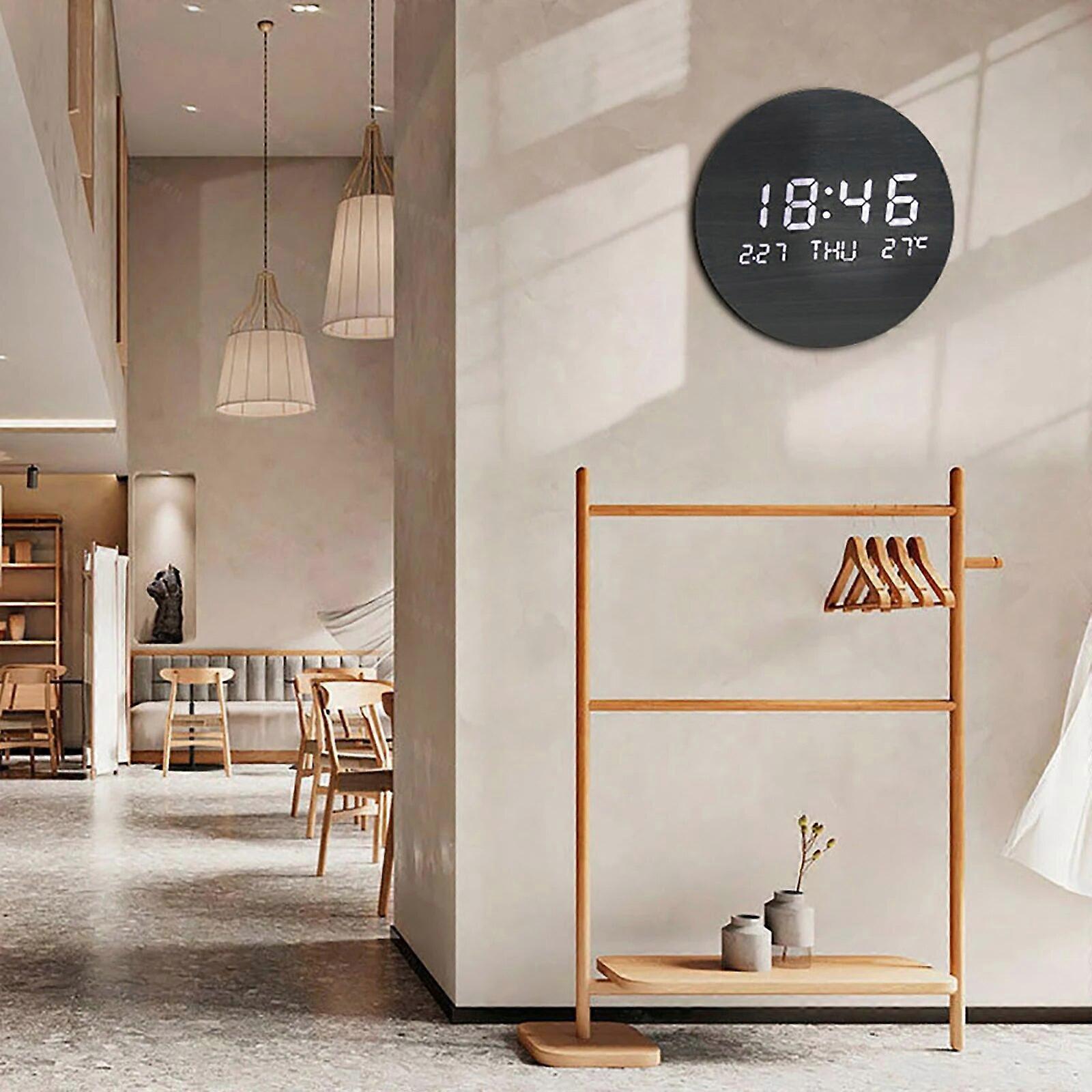 Solid Wood Color Round LED Wall Clock Nordic Style Digital Temperature ...