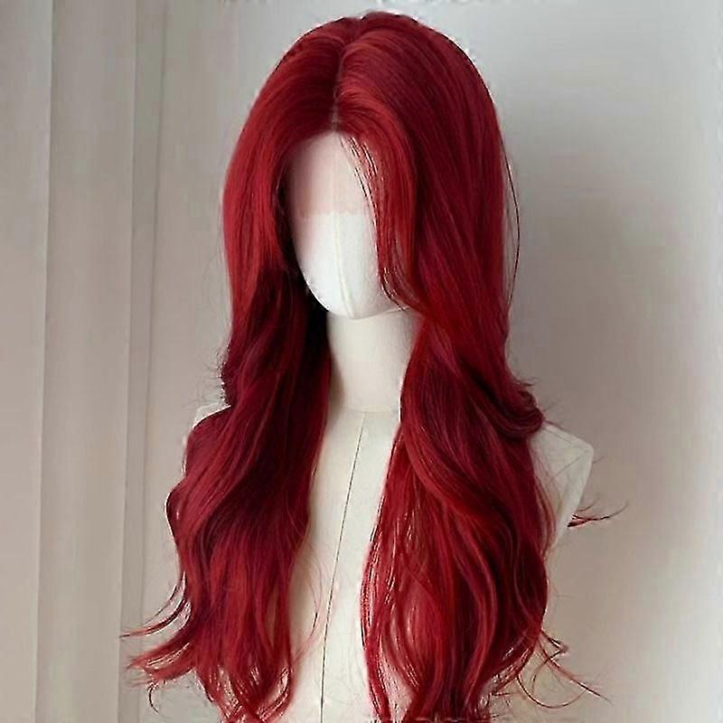 Red Wig Forehead Lace Women's Full Head Set Big Wave Curly Long Hair ...