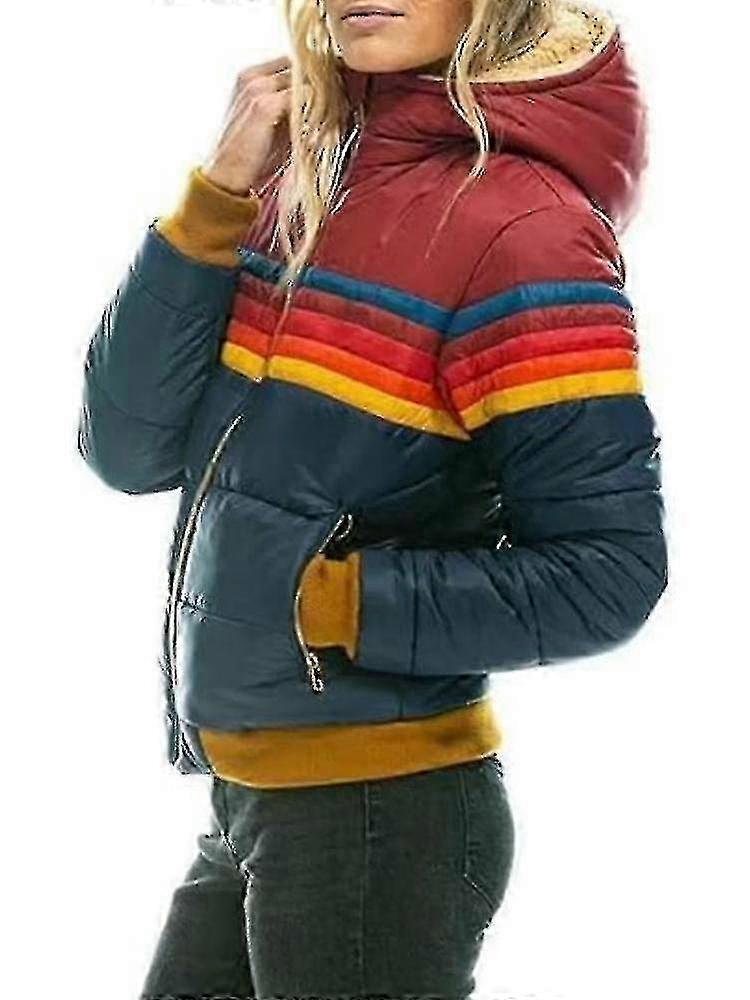 Winter Hooded Down Puffer Coat with Rainbow Stripes for Women | Fruugo UK