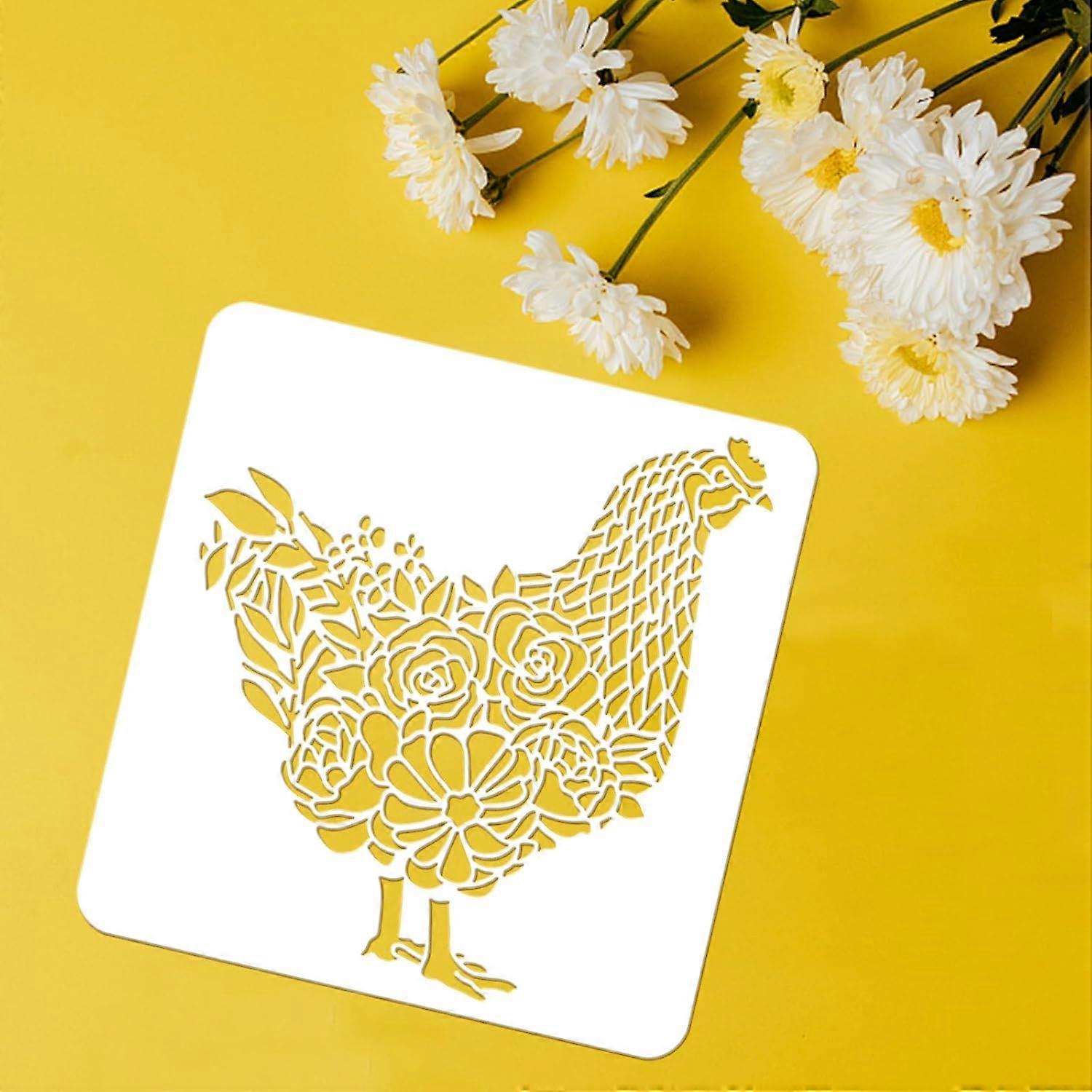 1PC Chicken Stencil 11.8x11.8inch Rooster with Flowers Grass Drawing ...