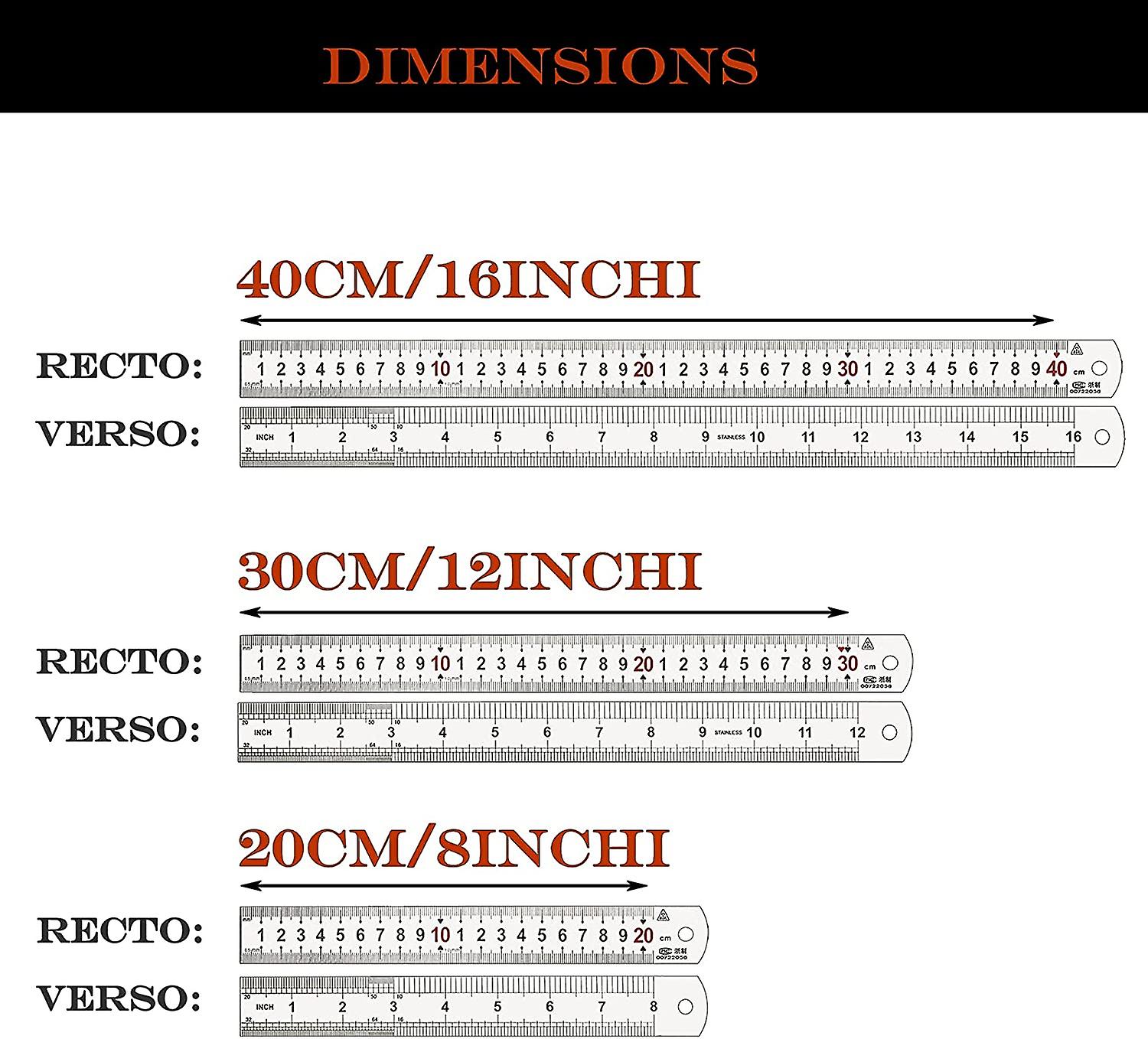Set of 3 Stainless Steel Ruler 40cm, 30cm, 20cm, Inox Ruler with Metric ...