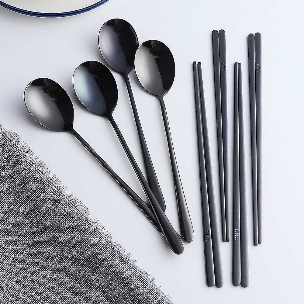 4 Sets Korean Chopsticks Korean Spoons Black Stainless Steel Chopsticks ...