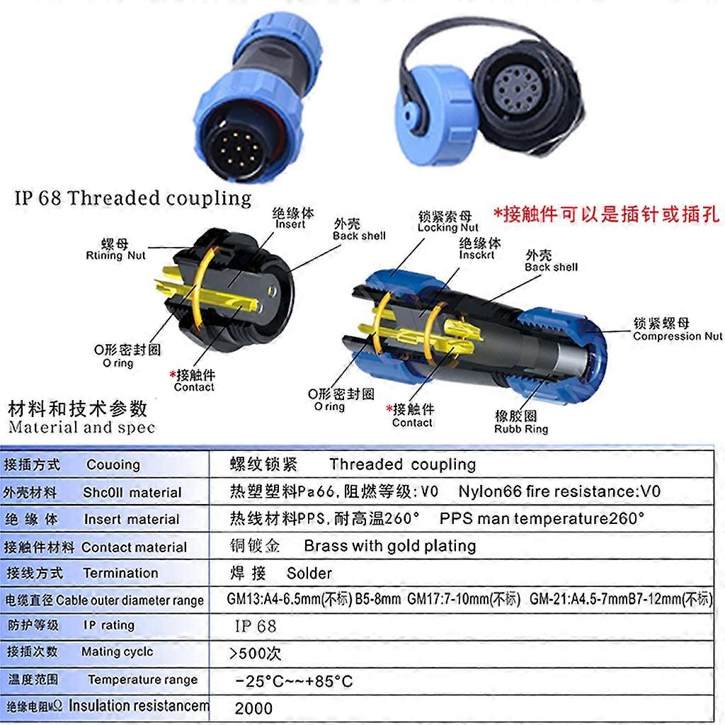 1Pair Waterproof connector SP13 IP68 cable connector plug & socket Male ...