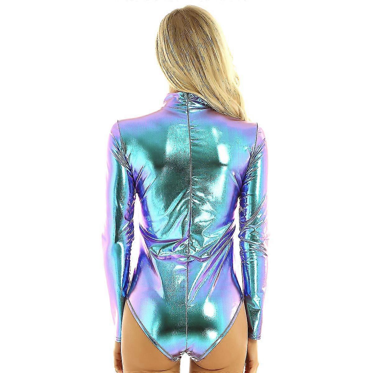 Women Clubwear Nightclub Party Costumes Leotard Bodysuit Shiny Metallic ...