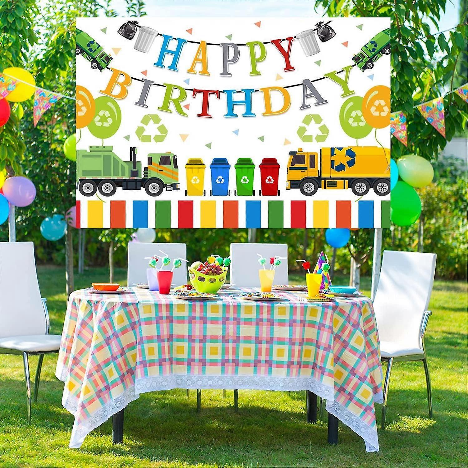 Garbage Truck Happy Birthday Backdrop Colorful Truck Trash Can ...