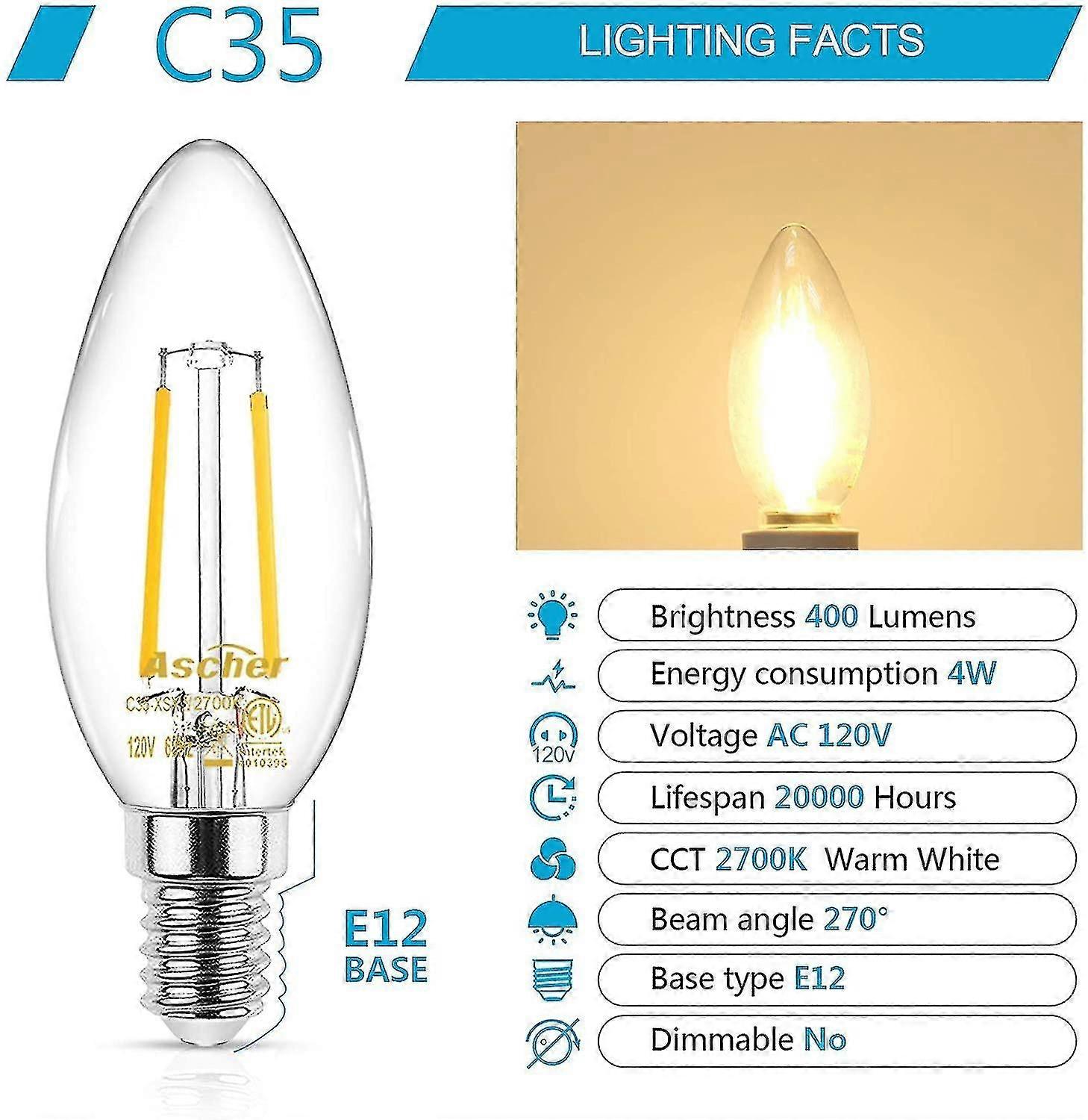 New Models Classic E12 Led Candelabra Light Bulb, Equivalent 40w, Warm White 2700k, Filament ...