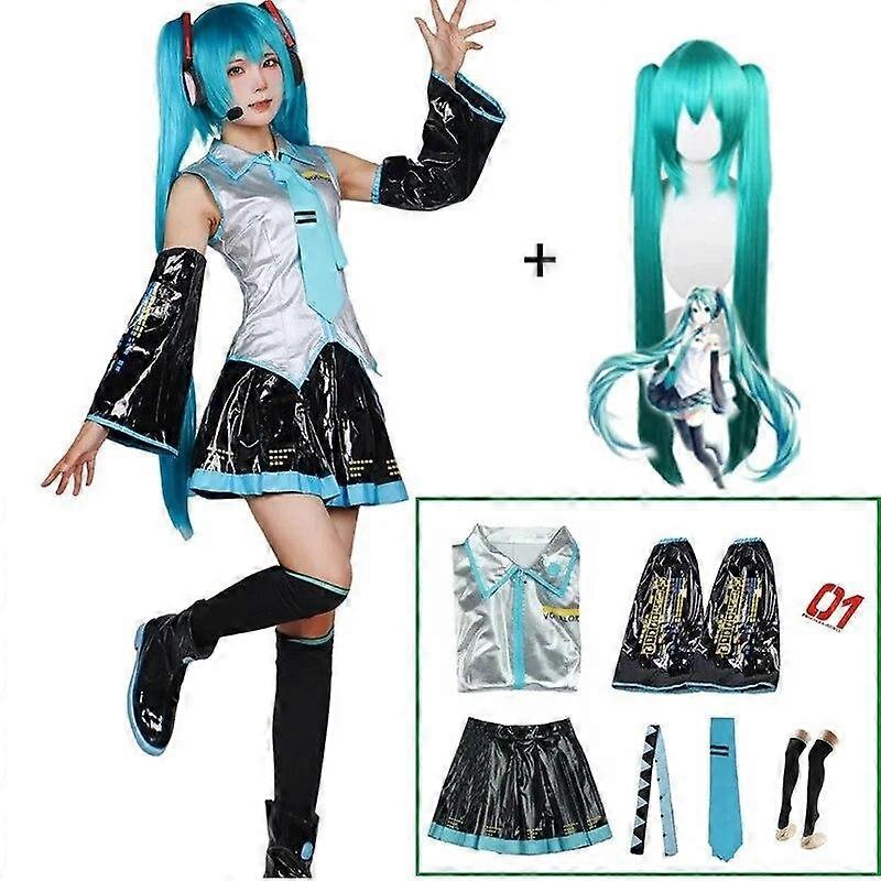 Miku Cosplay Full Set Silver Leather Fabric Suit Miku Cosplay Headwear ...