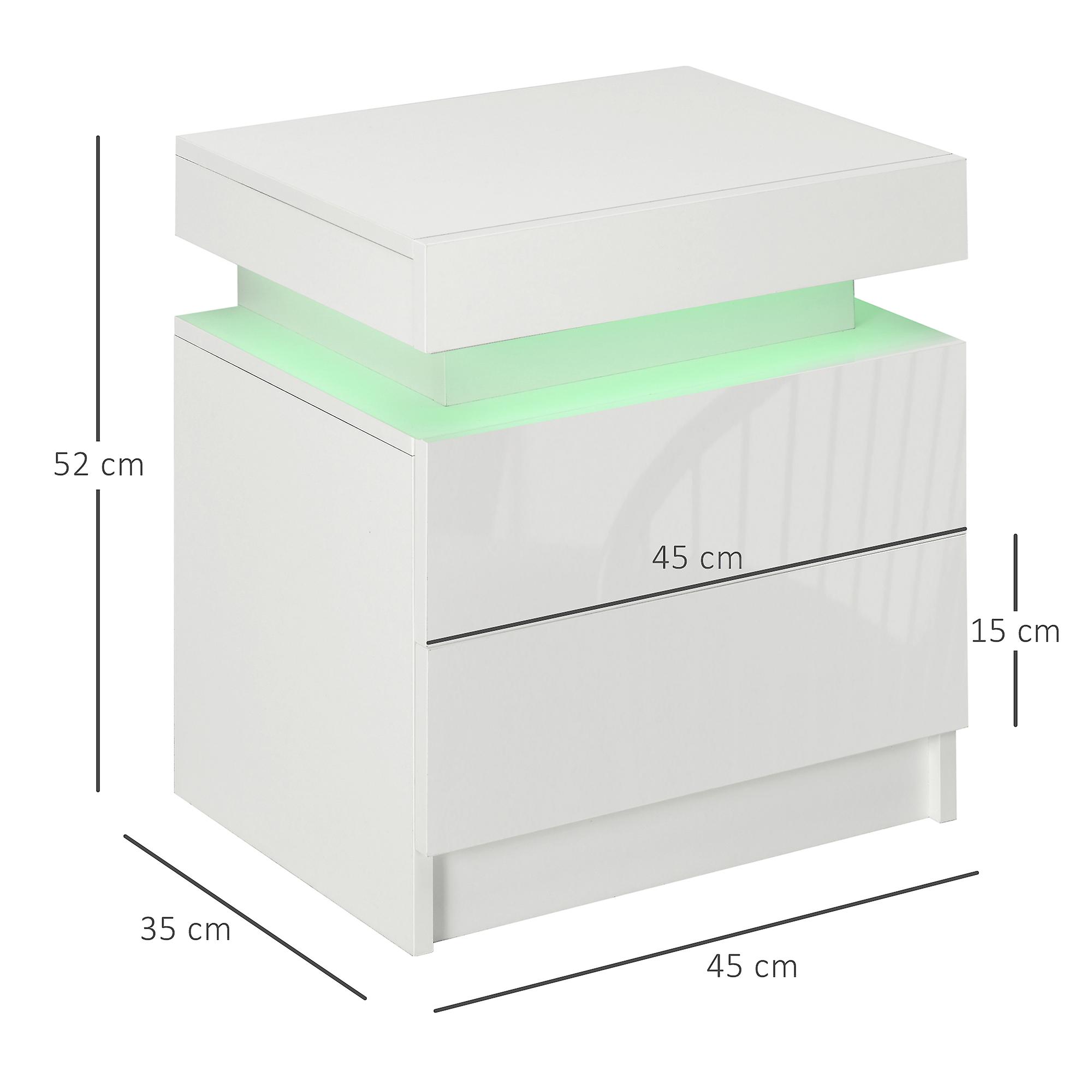 HOMCOM White Bedside Table, High Gloss Front Nightstand w/ LED Light, 2 ...