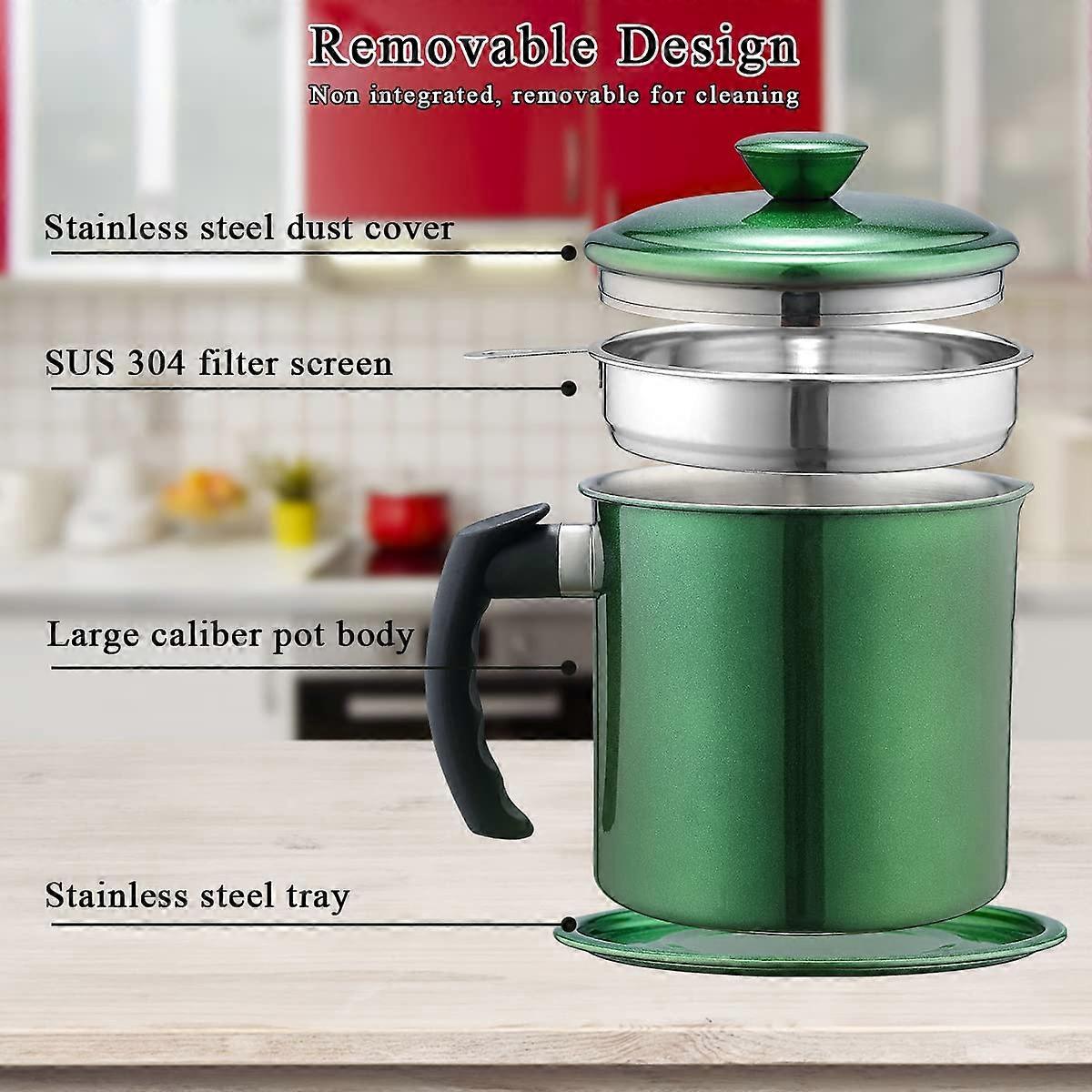 Bacon Grease Container 1.3L Metal Green Coating Stainless Steel Oil ...