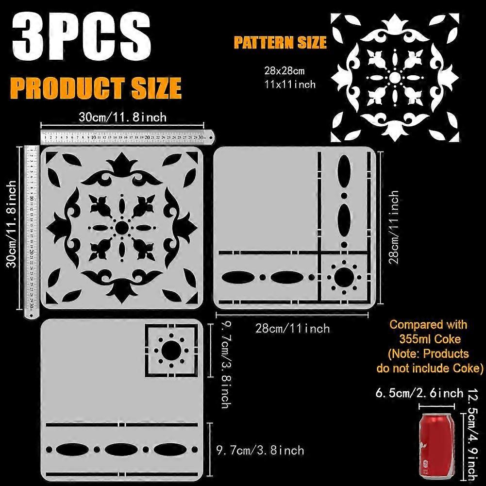 3 Pcs Floor Tile Stencil 11.8x11.8inch Reusable Border & Corners Tiles ...