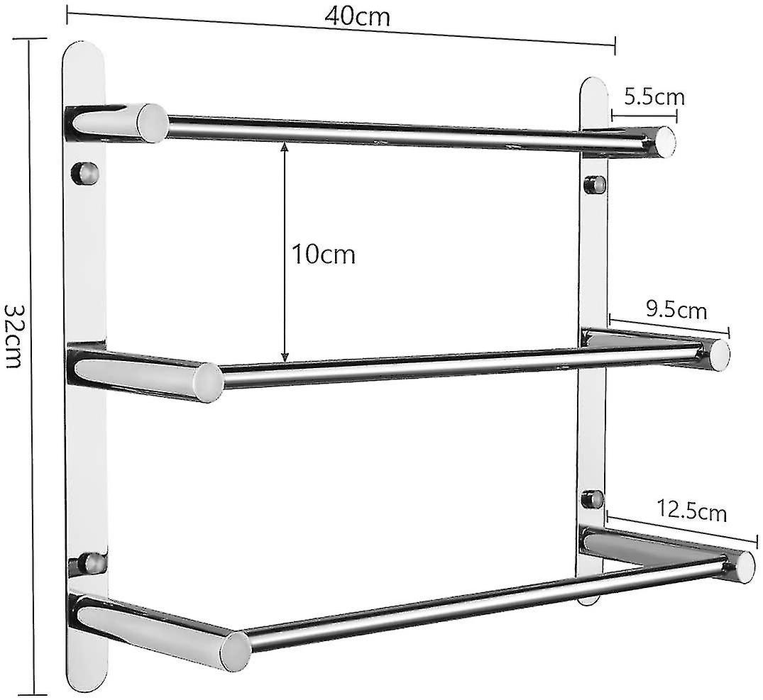 Stainless Steel Towel Rail Shelf With 3 Rods - 40cm Wall Mounted Towel ...