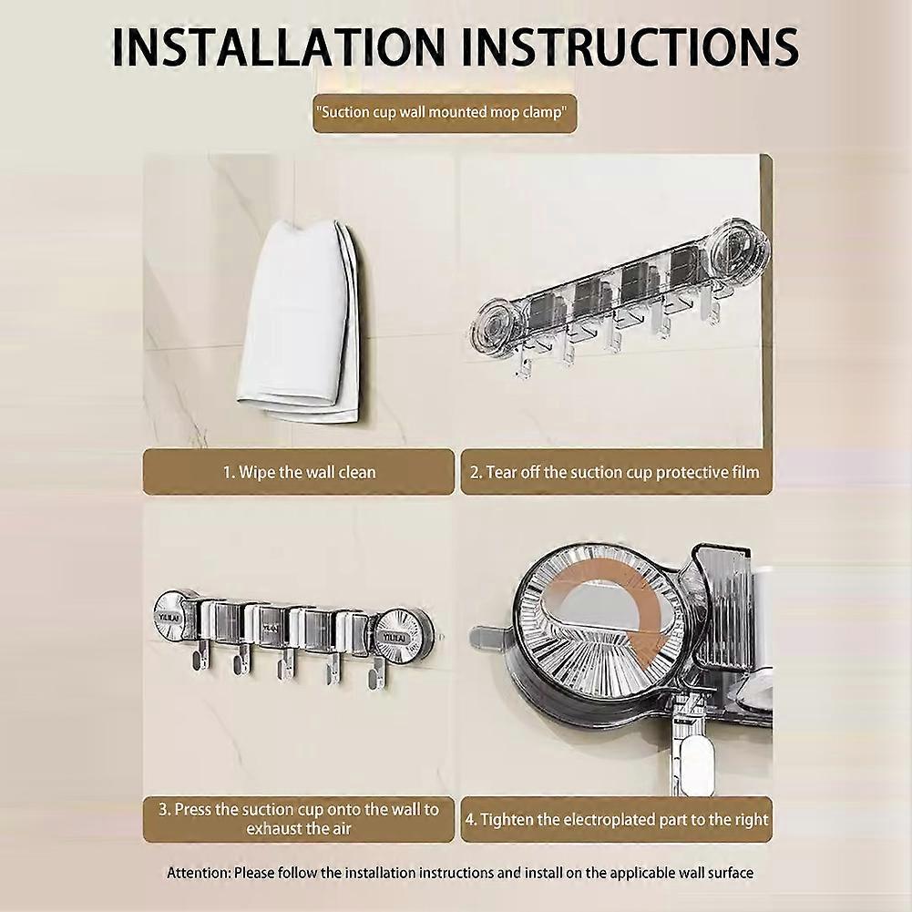 Suction Mop Clip for 4 Brooms/Mop Anti-Slip Moveable Wall Hanging Clip ...