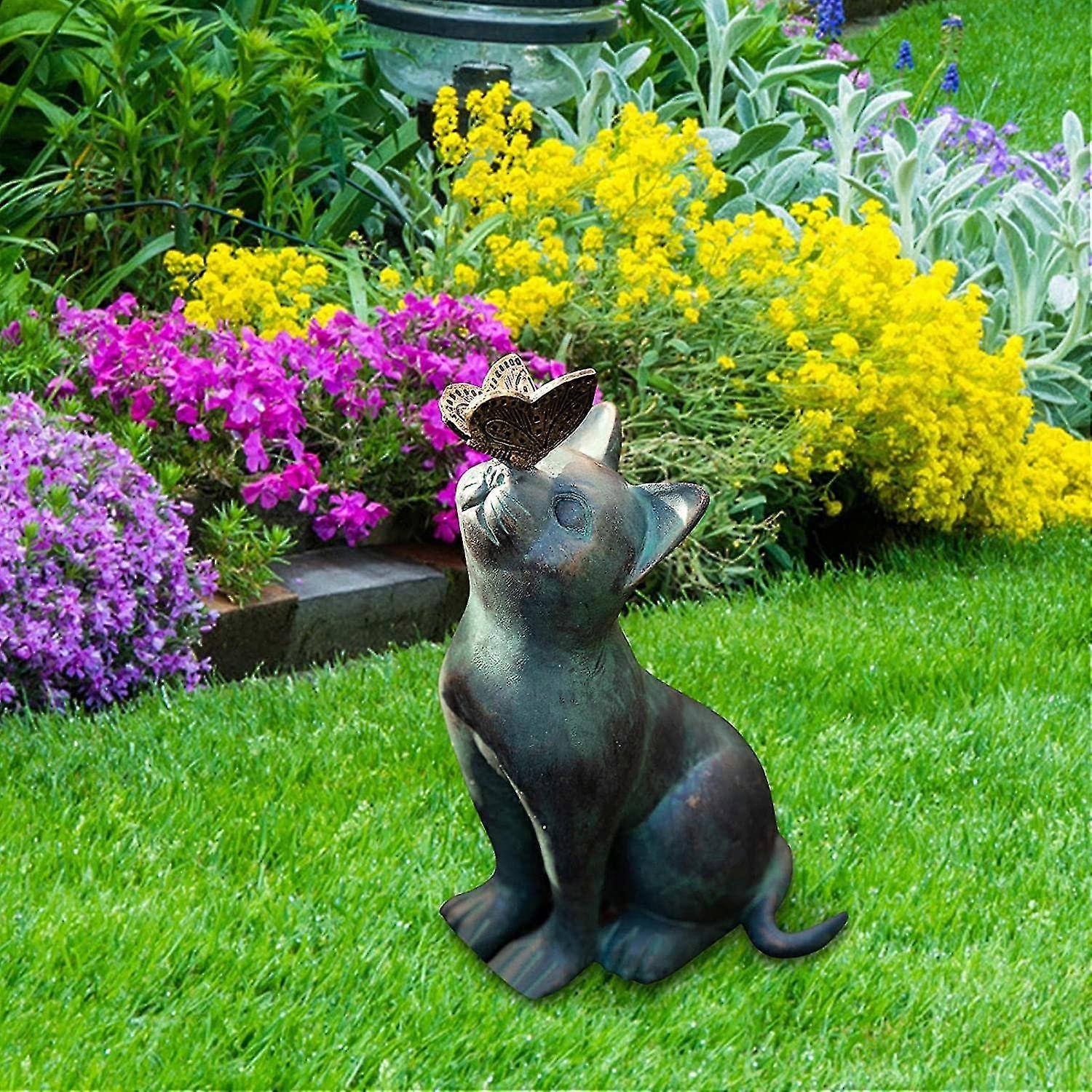 1pc Cat Garden Statue, Cat With Butterfly Figurine, Cat Sculpture ...