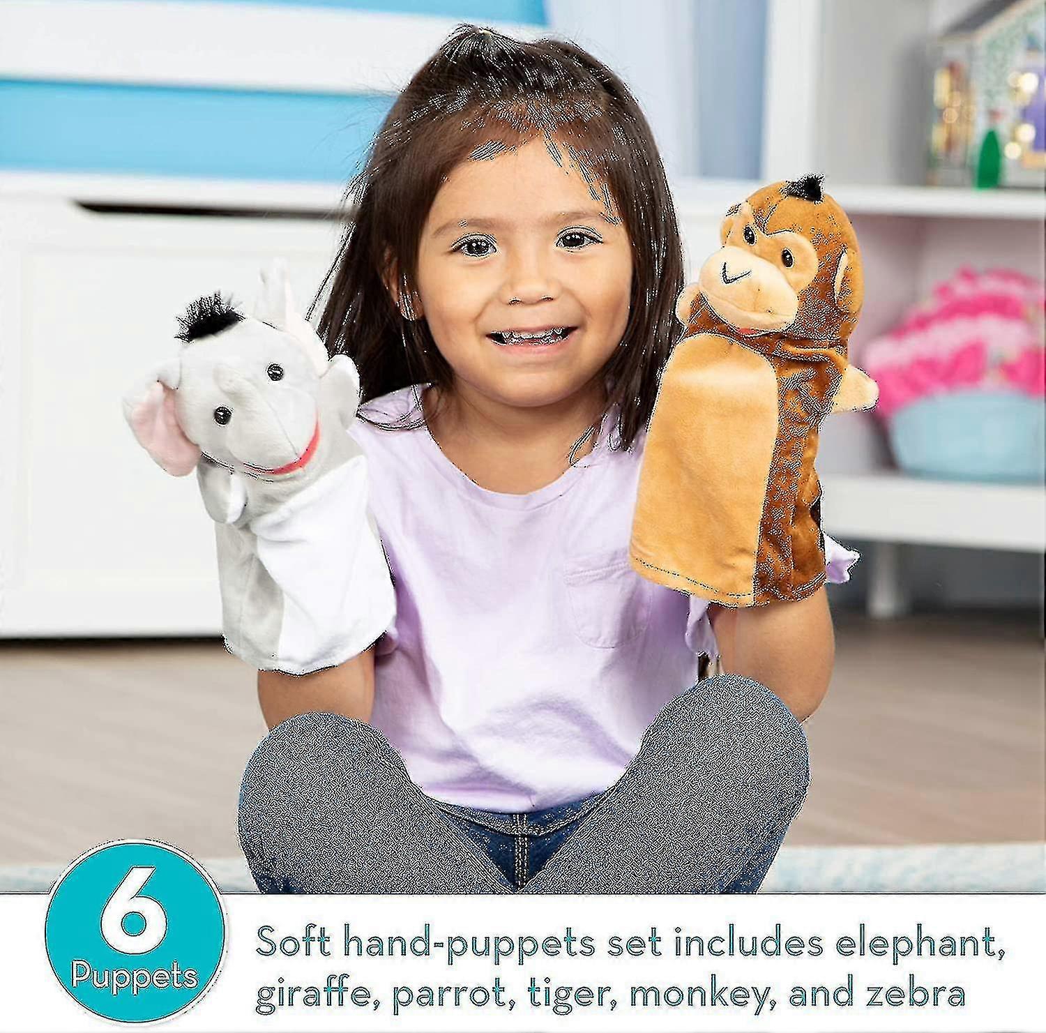 Hand Puppets, Set Of 6 (elephant, Tiger, Parrot, Giraffe, Monkey, Zebra ...