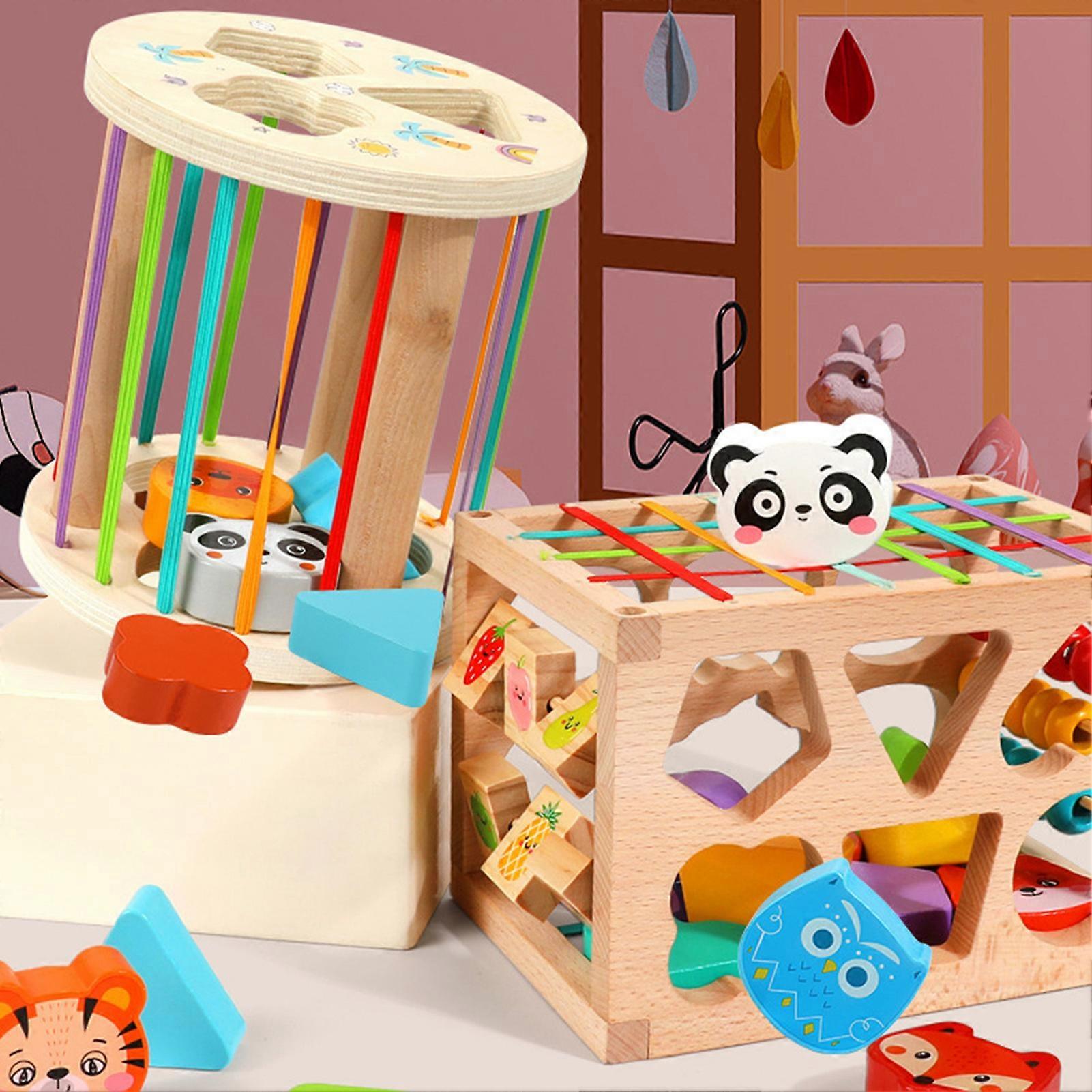 Baby Sensory Shape Sorting Toys Round/Square Wooden Toys with Elastic ...