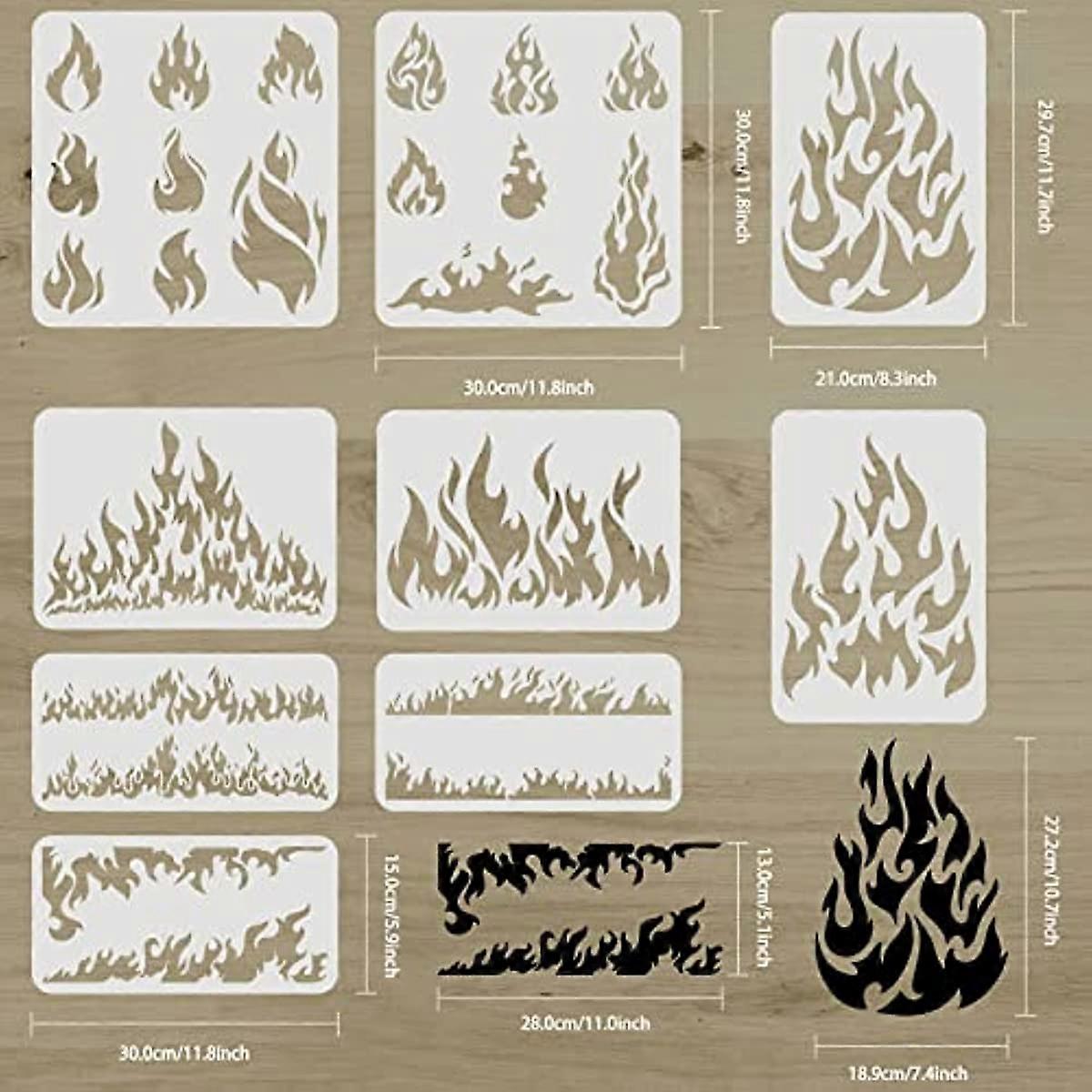 9 PCS Fire Pattern Stencil 3 Sizes Reusable Burn Blaze Bonfire Painting ...
