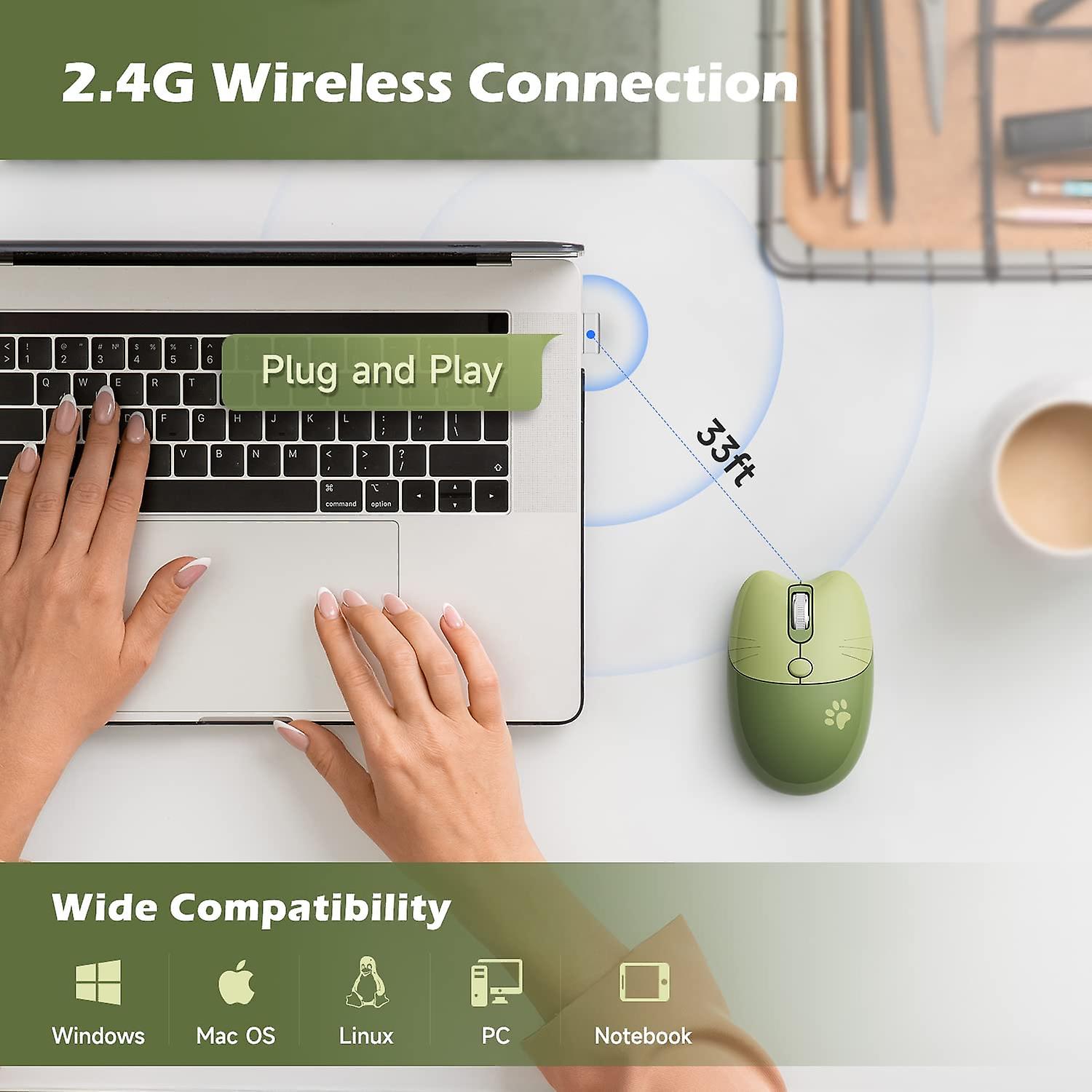 Cute Wireless Mouse, 2.4g Noiseless Mouse With Nano Receiver, 3 ...