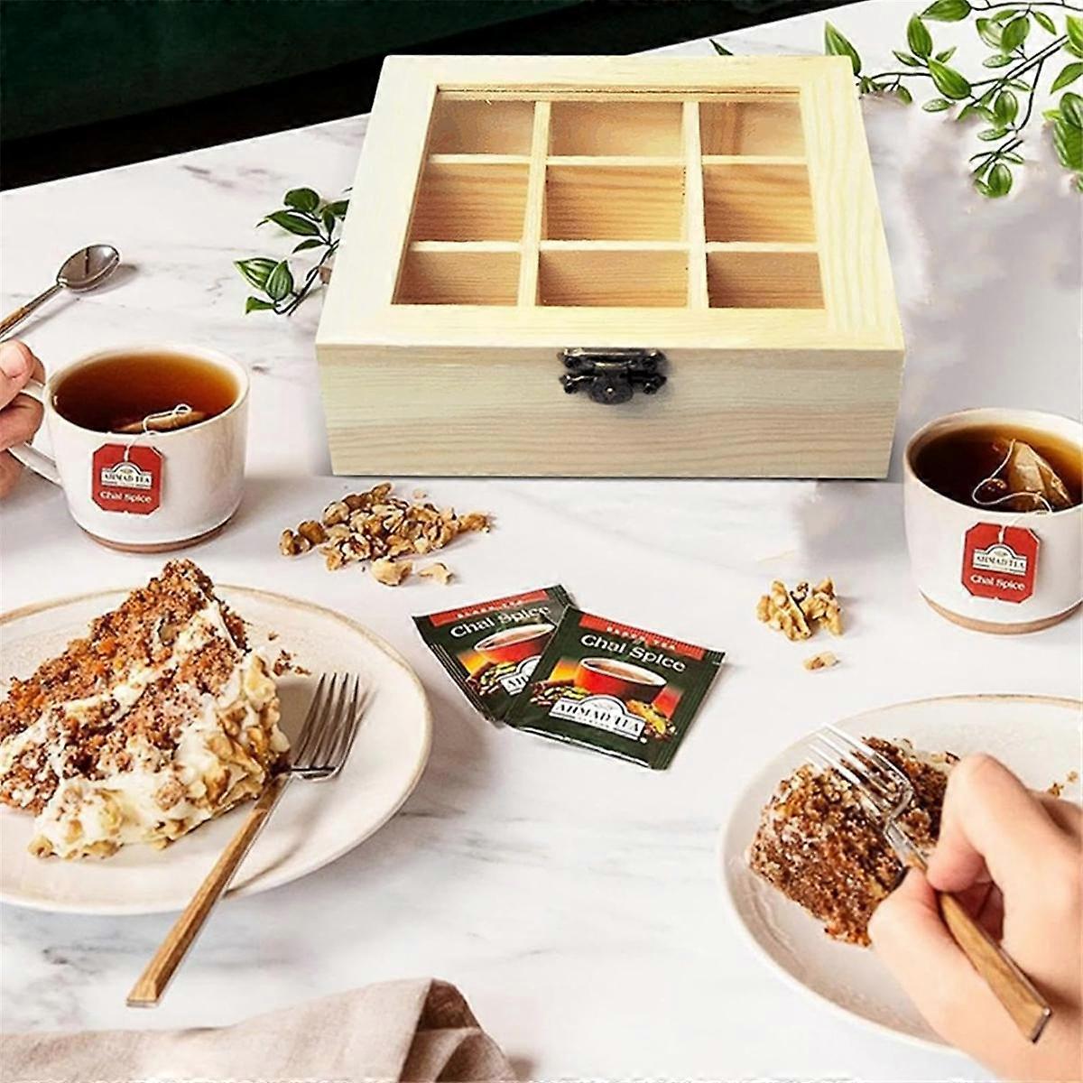 Tea Storage Box with 9 Compartments, Transparent Glass Top ...
