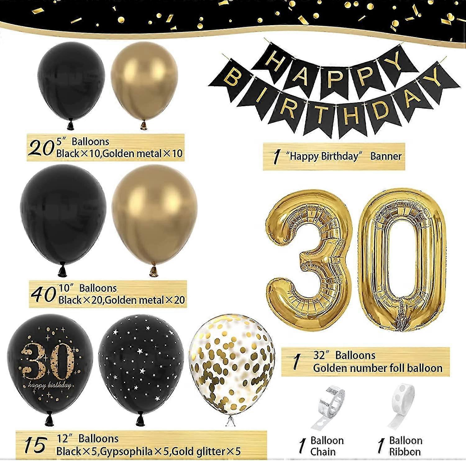 30th Birthday Decorations Black Gold Balloons Garland Arch Kit, 30th ...