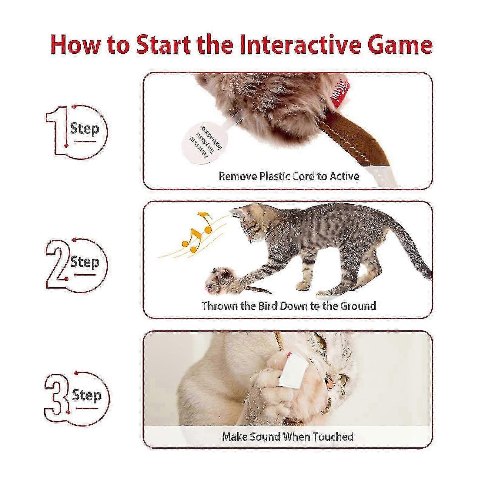 Flapping Bird Sparrow Cat Toy Lifelike Chirping Sounds Touch-Activated ...