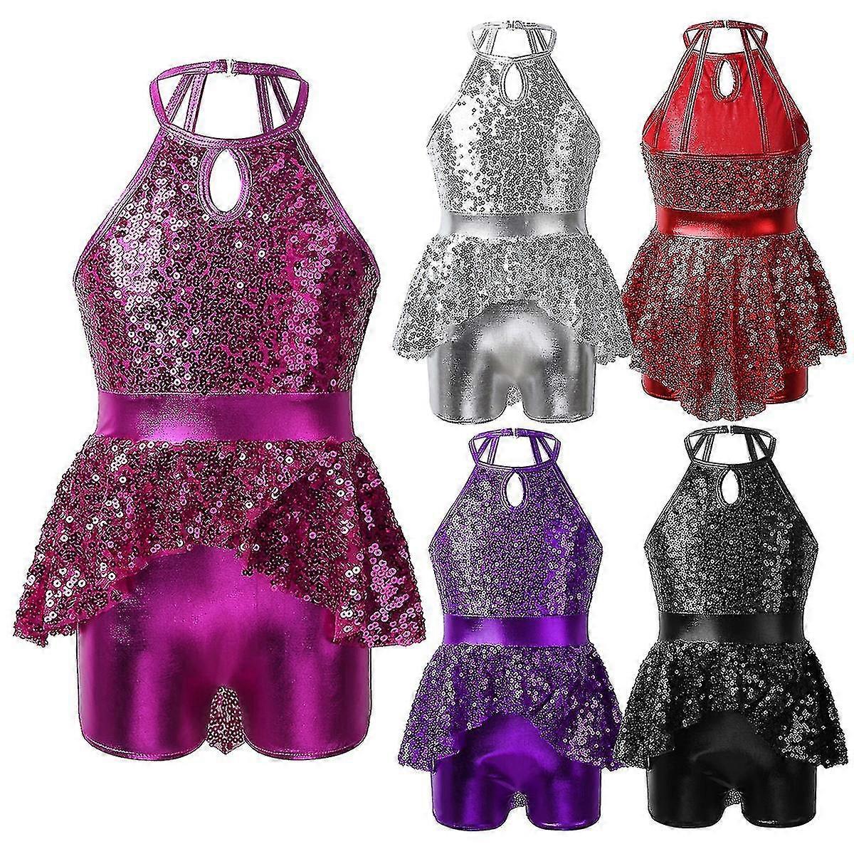 Kids Girls Halter Shiny Sequins Ballet Figure Skating Dress Gymnastics ...