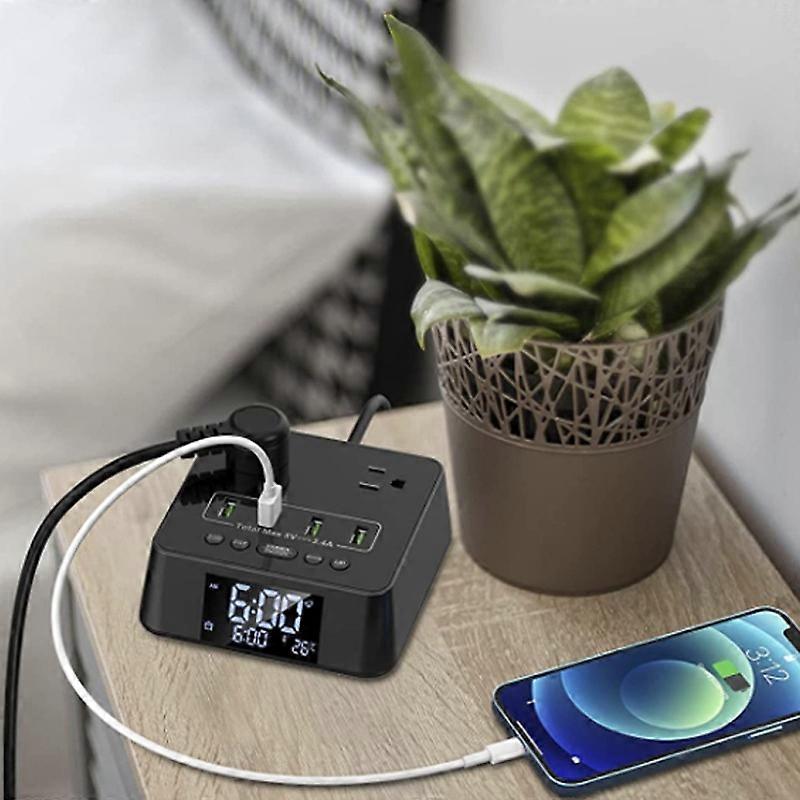 Alarm Clock with 4 USB Chargers, Power Strip 3 Outlets, 1700J Sur ...
