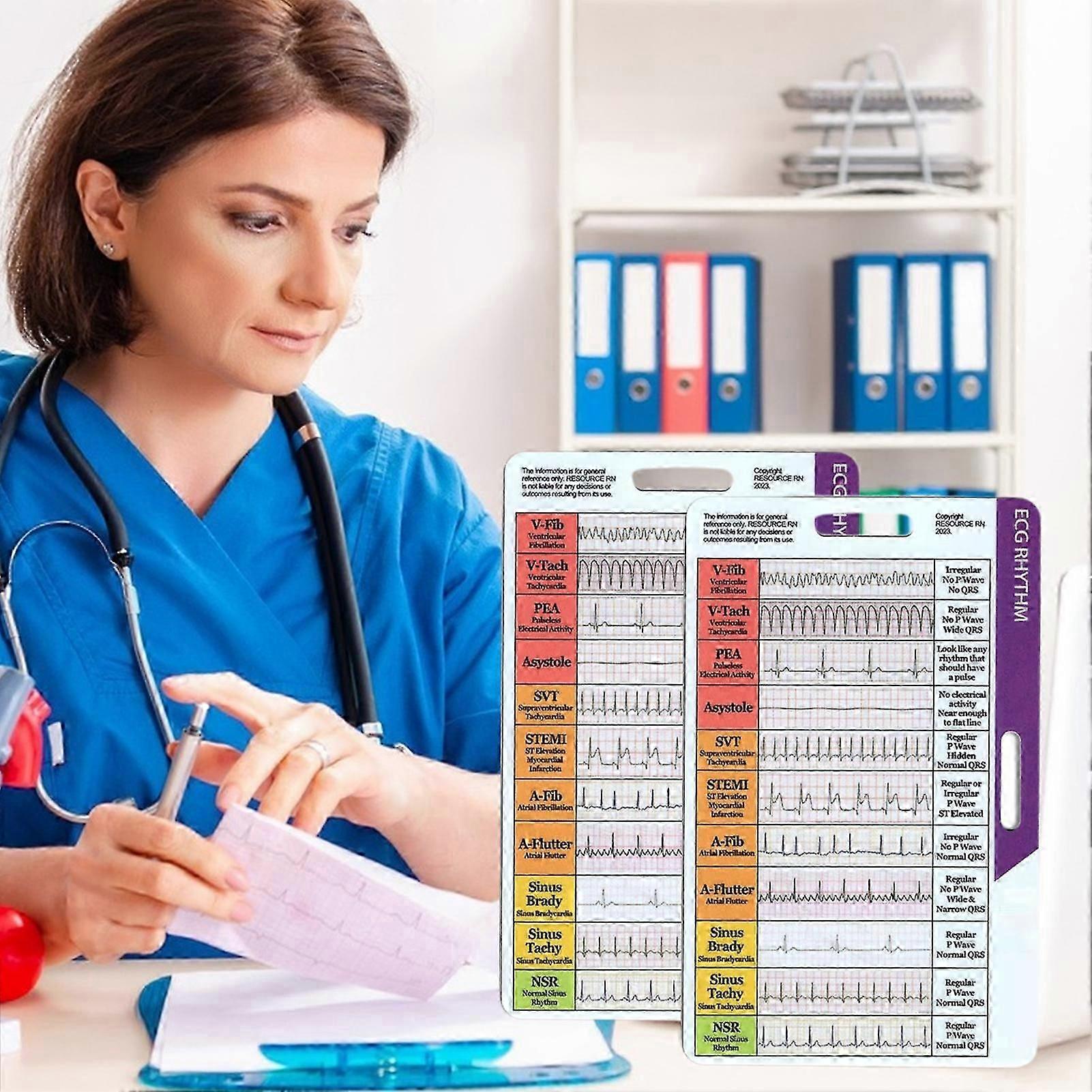 ECG/EKG Rhythm Pocket Card, Double Sided Design EKG Rhythm Interpretation Badge Card ECG Rate ...