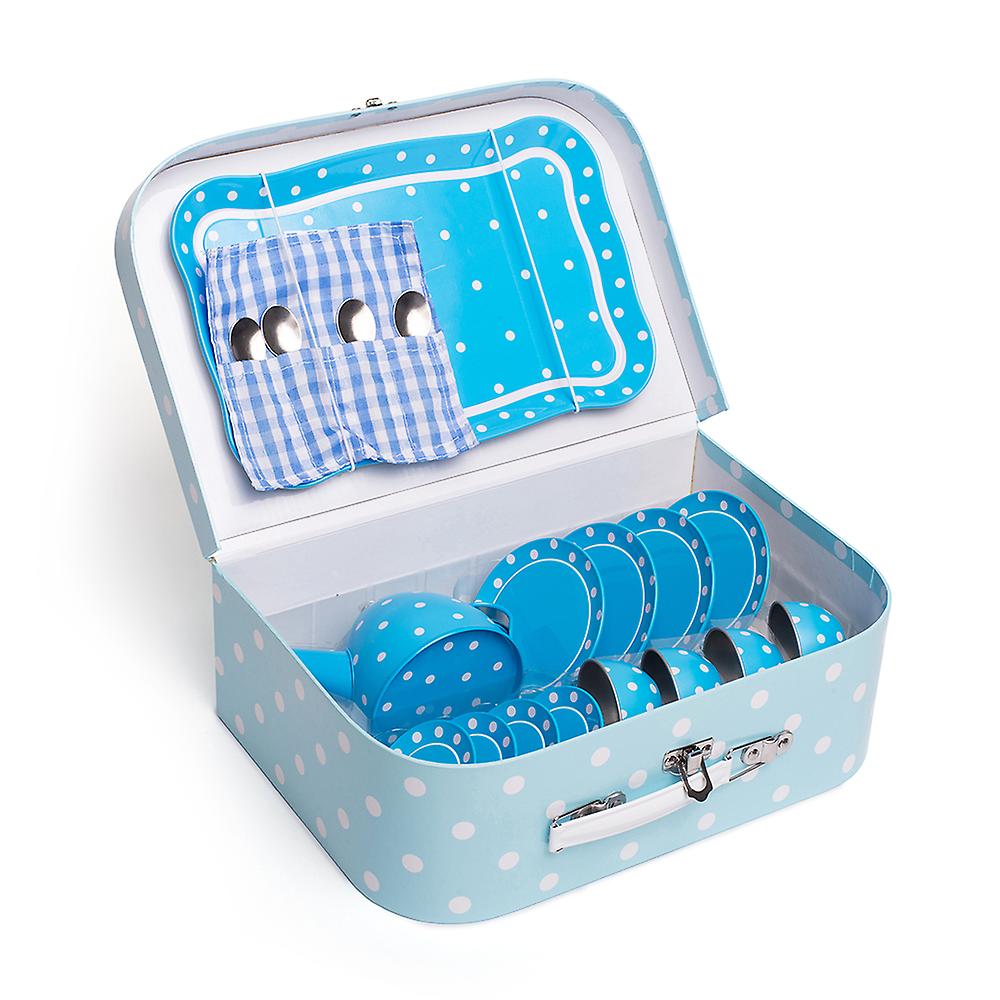 Bigjigs Toys Blue Polka Dot Tea Set with Carry Case, Includes 15 Play ...