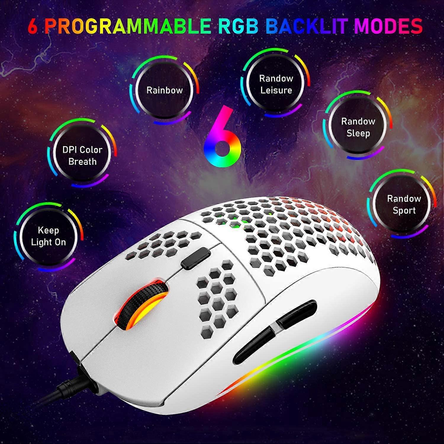 Wired Lightweight Gaming Mouse, 6 RGB Backlit Mouse with 7 Button Programmable Drivers, 6400DPI ...