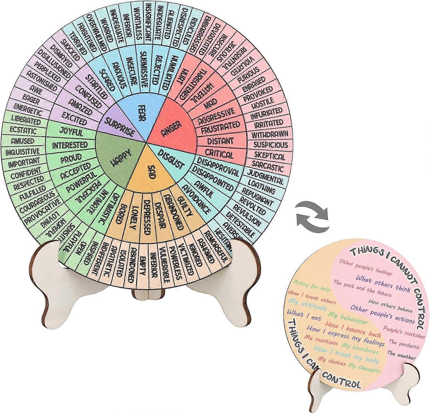 Feelings Wheel with Stand, Double-Sided Emotion Wheel Chart Wooden Mood ...