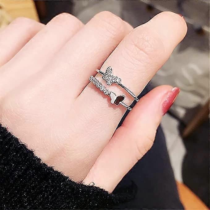 2 Pieces Ring for Women with CZ Crystal & Butterflies, Adjustable Open Finger Rings for Girls ...