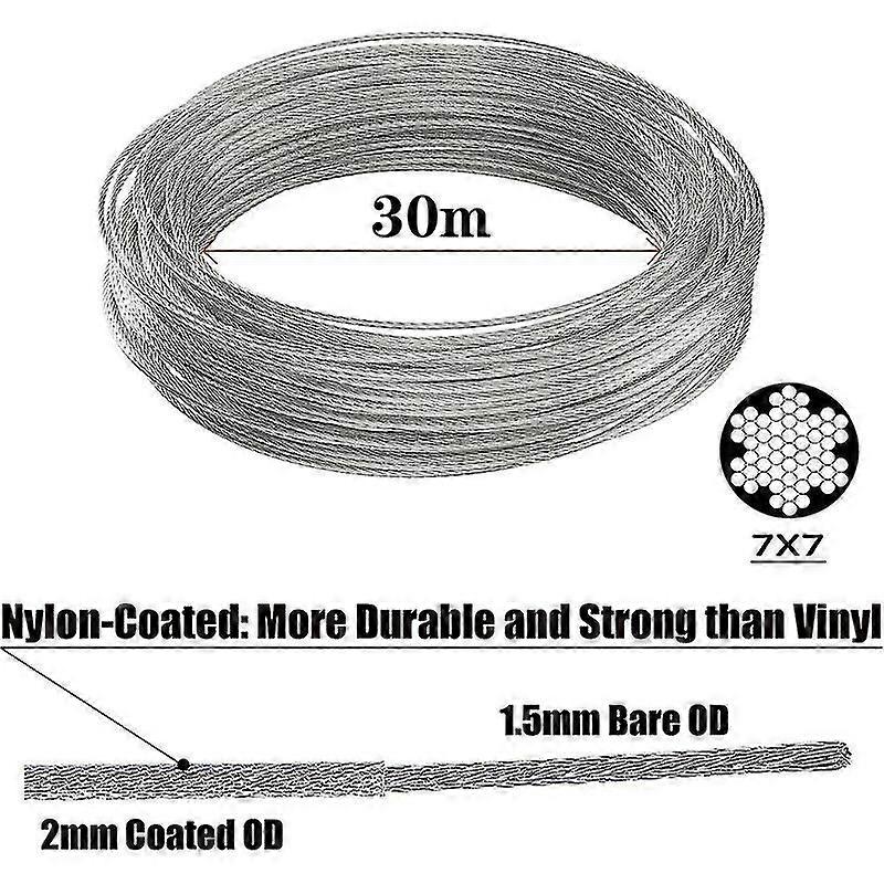 30m Stainless Steel Rope Hanging Kit, 2mm Coated Stainless Steel Rope With Turnbuckle And Hooks ...