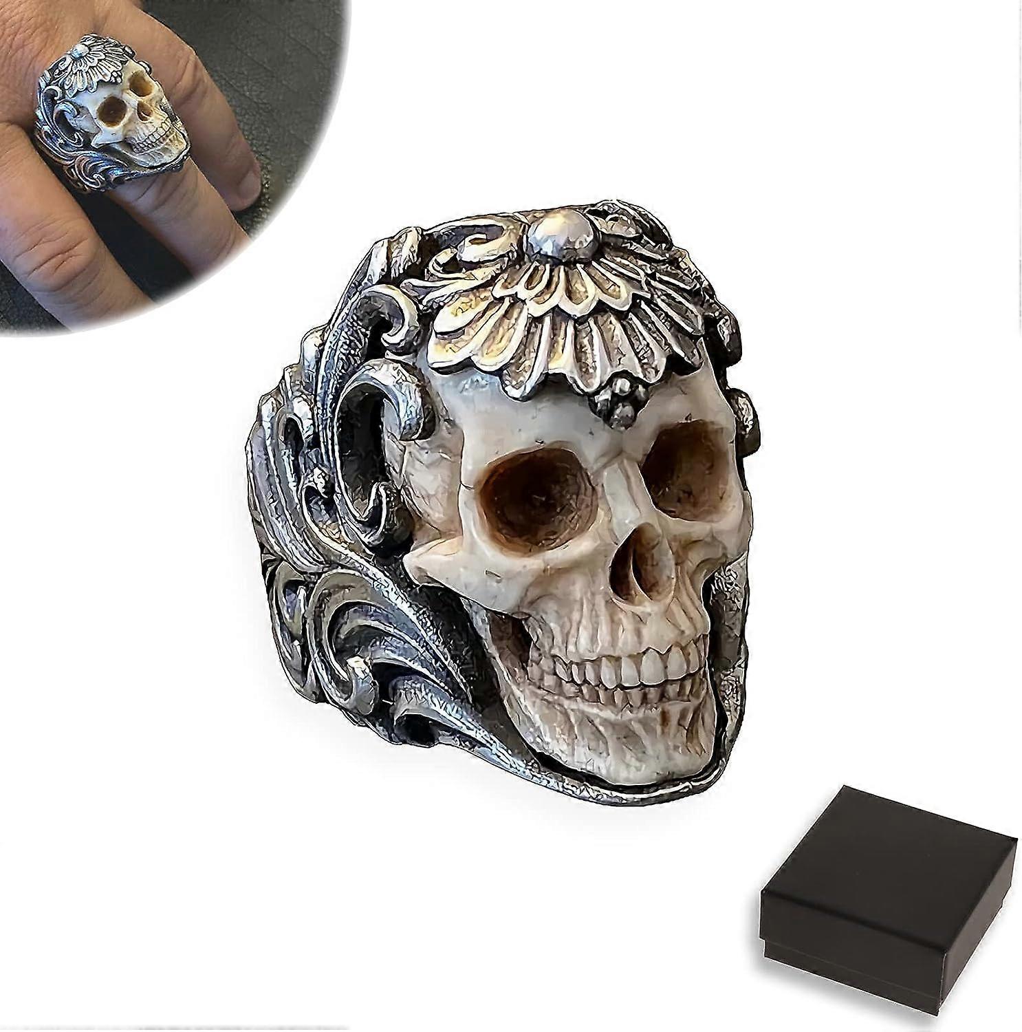 Vintage Polsk Blommig Pansar Antler Skull Ring, Justerbar Open Gothic ...