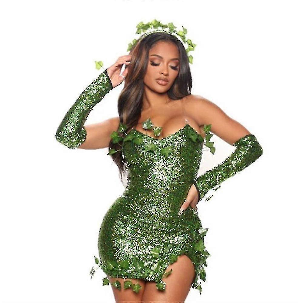 Halloween Villain Poison Ivy Cosplay Costume Fancy Dress For Women Carnival Party Sequin Dress ...