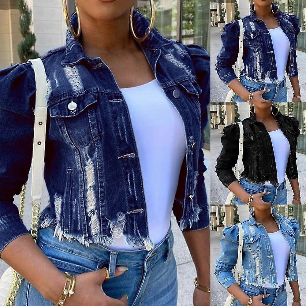 Women Sexy Ripped Denim Jackets Vintage Casual Short Jean Jacket Puff ...