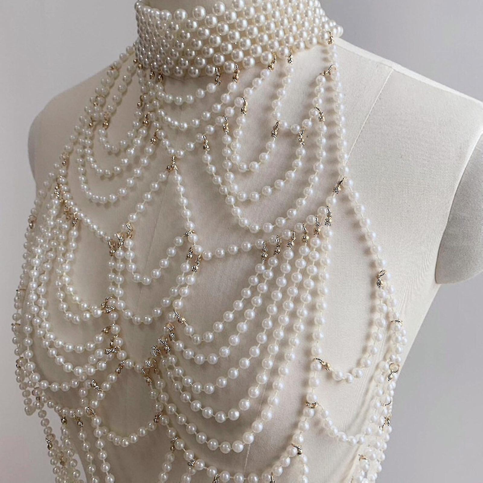 Womens Mutlilayered Pearl Body Chain Choker Necklace Harness Adjustable ...