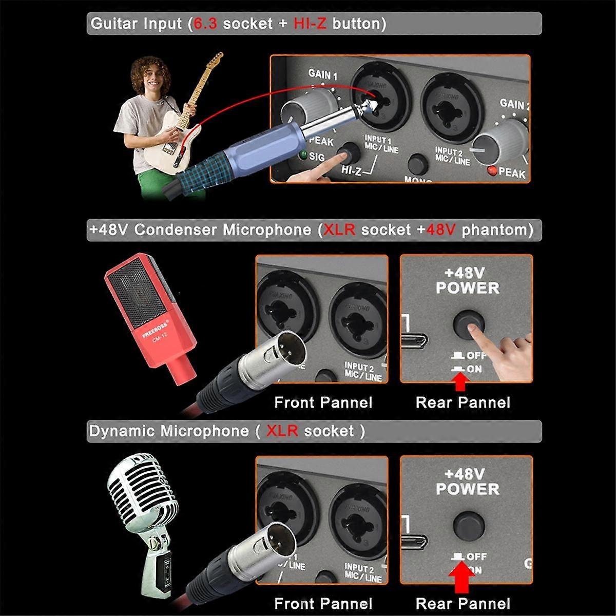 Professional 24Bit 192KHz Audio Interface 2 Input Sound Card for ...
