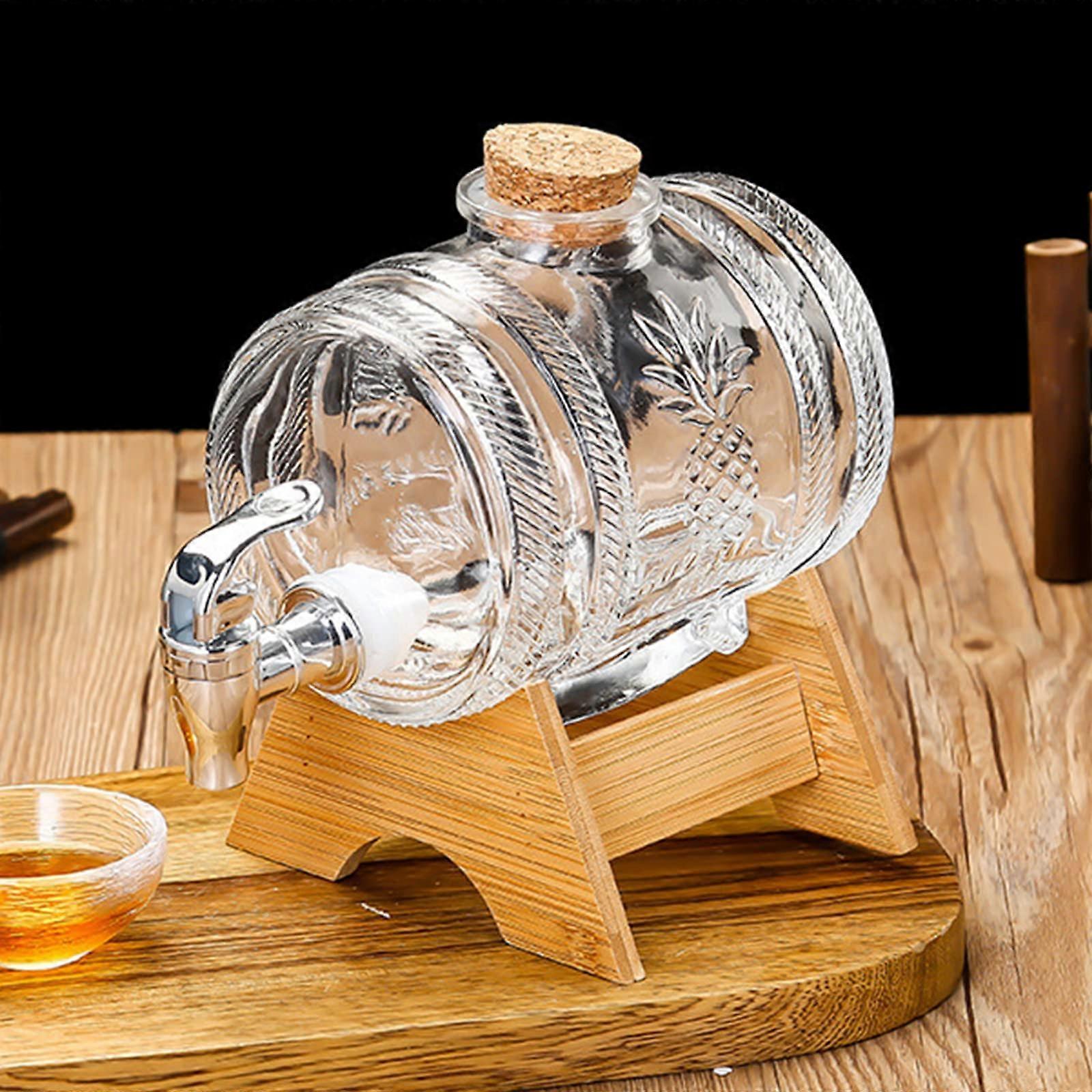 Whiskey Decanter Set, Barrel Glass Dispenser with Tap and Wooden Stand ...