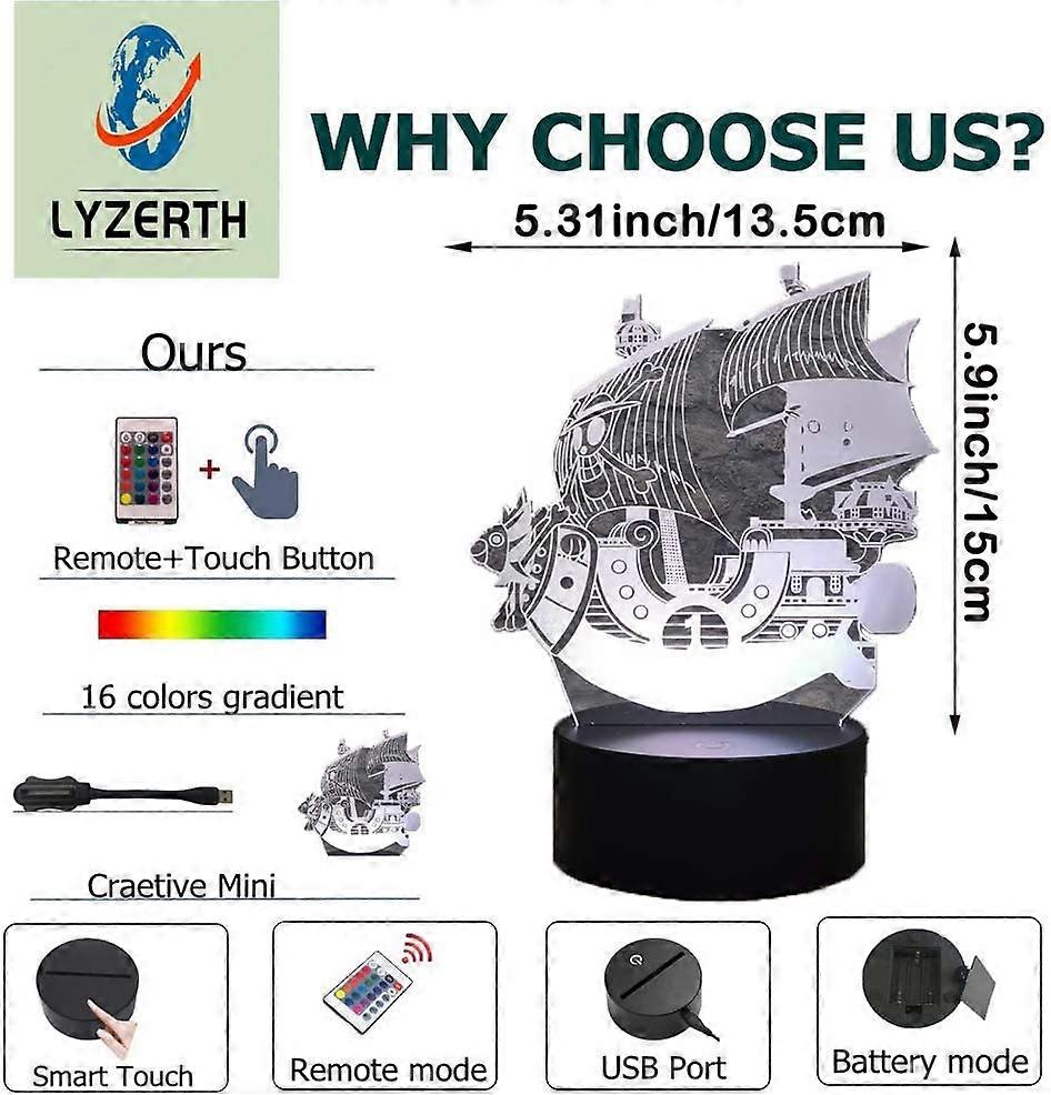 Anime Luffy Pirate Ship Night Light 3D LED Acrylic lamp Thousand Sunny ...