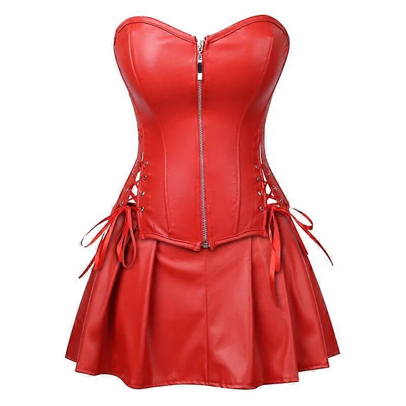 2 Piece Corset Dress Push Up Women Red Black Faux Leather Bustier ...