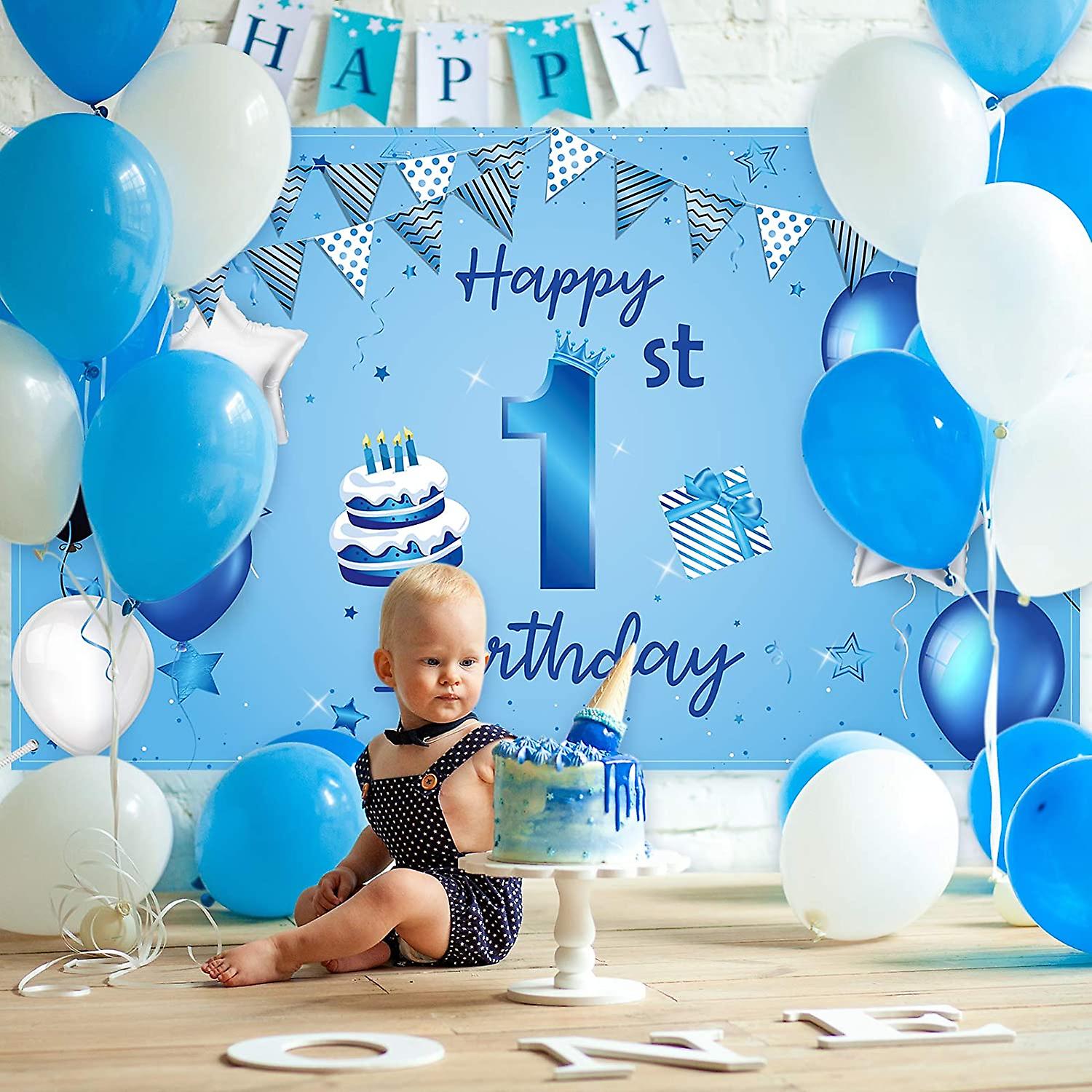 Happy 1st Birthday Backdrop Banner Blue Newborn Boys First Birthday ...