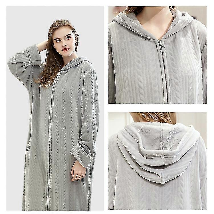 Women Hooded Dressing Gown Bathrobe Warm Soft Fleece Zip Robes | Fruugo UK