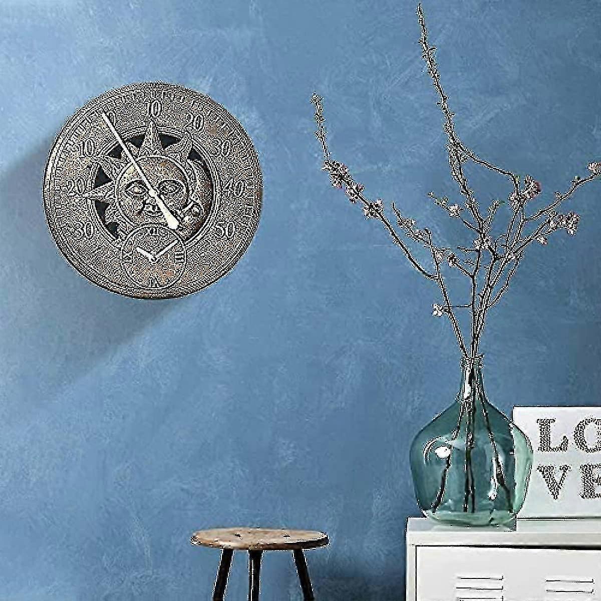 Garden Thermometer Clock Analogue Wall Bronze Sun & Moon 30cm Clock ...