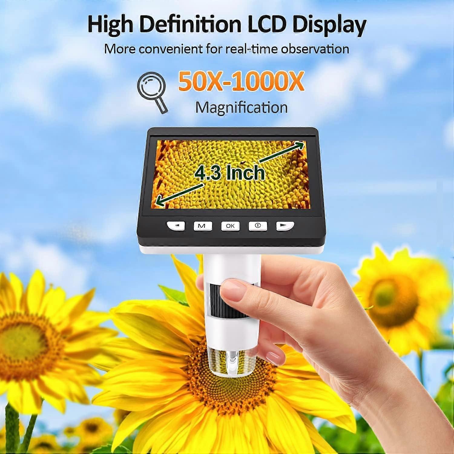 LCD Digital Microscope, 4.3 Inch Microscope 50X-1000X Magnification ...