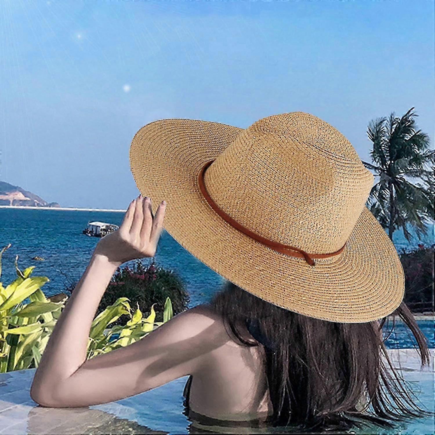 Rope Solid Color Folding Straw Hat Unisex Big Brim Floppy Sun Hat ...